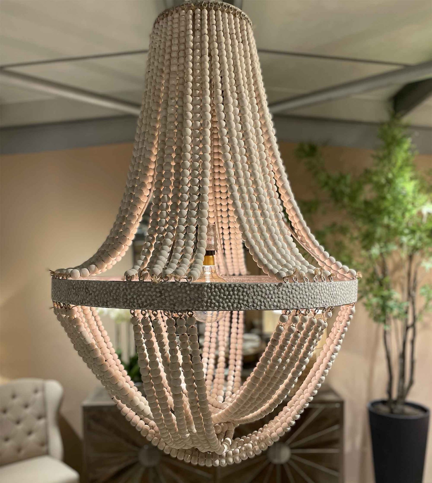 Large White-Washed Maple Wooden Bead Chandelier Ceiling Light - Dansk