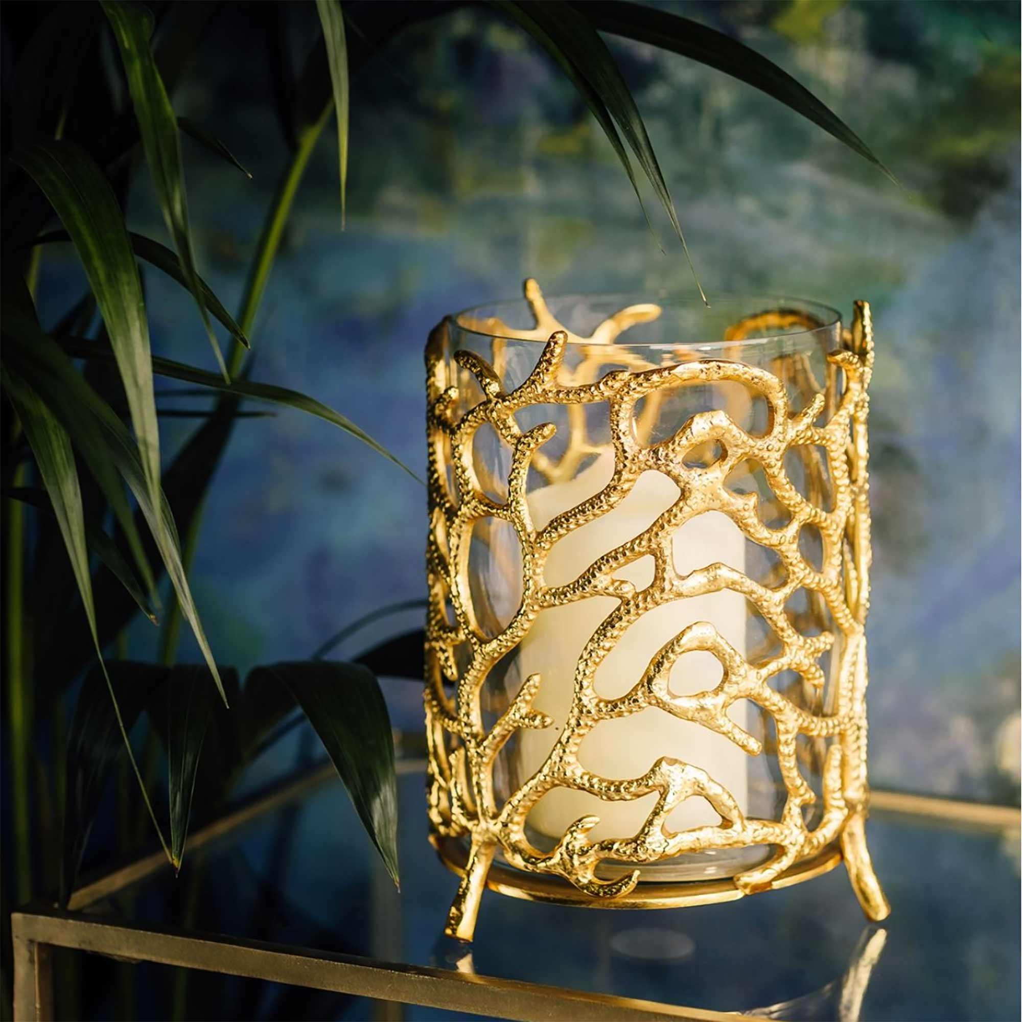 Small Coral Hurricane Lantern In Gold Finish - Dansk