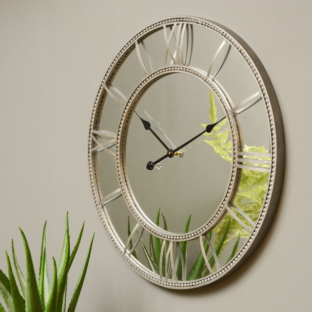 Grey Framed Beaded Mirrored Round Wall Clock 70cm - Dansk